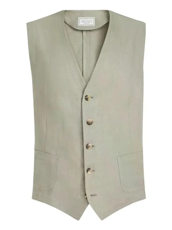 Brunello Cucinelli Linen Micro Chevron Waistcoat - Green