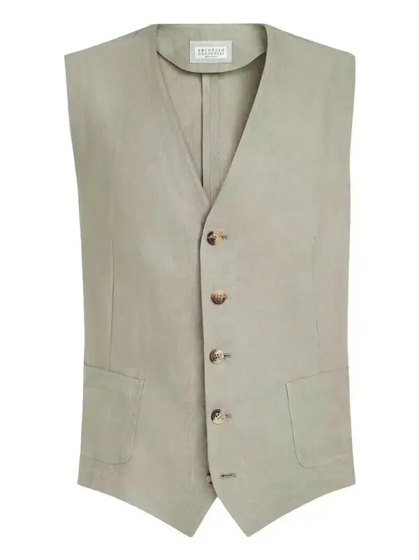Brunello Cucinelli Linen Micro Chevron Waistcoat - Green
