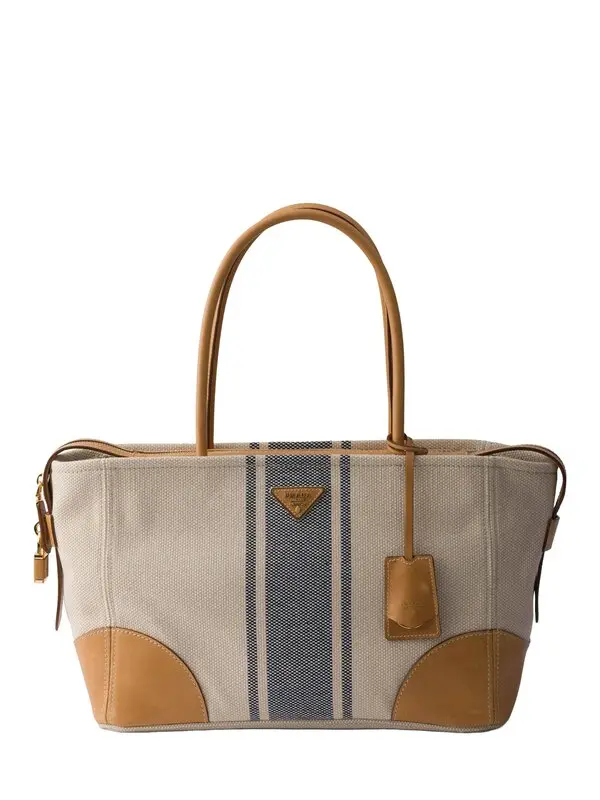 Prada Large Canvas And Leather Shopper Bag - Neutral