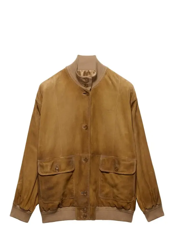 Prada Suede Bomber Jacket With Logo Detail - Neutral