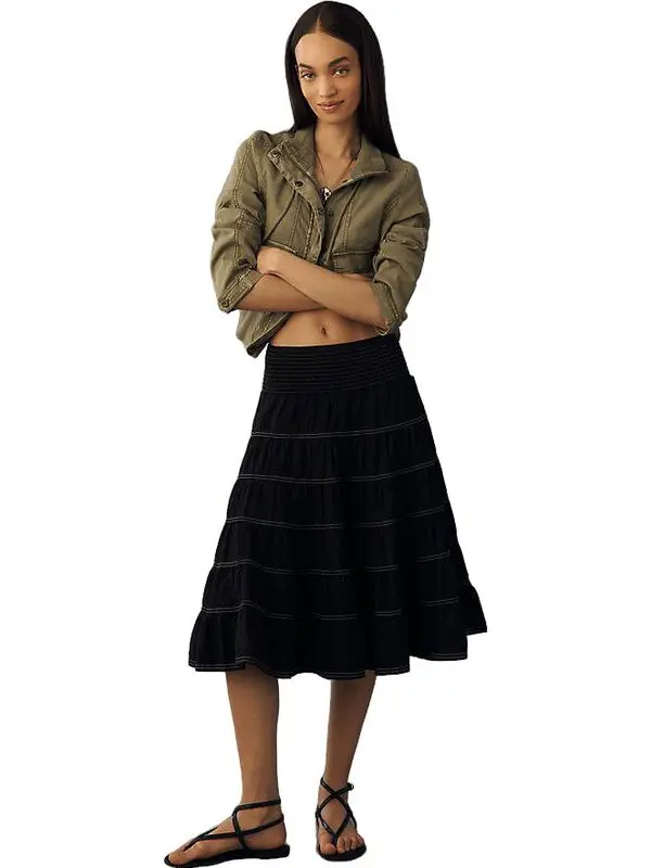 PILCRO Reese European Flax Linen Midi Skirt - Black Onyx