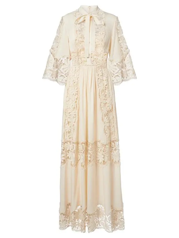 Elie Saab Georgette And Macramé Gown - White
