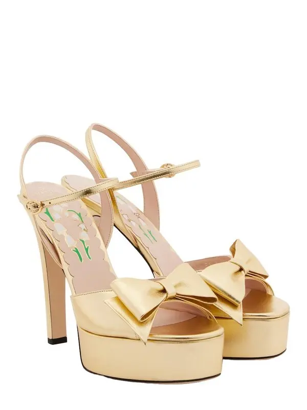 Valentino Garavani Metallic Leather Platform Sandals With Bow Detailing - Gold