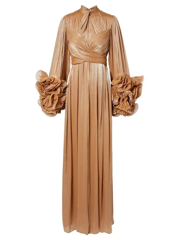 Costarellos Ruffled Lurex Georgette Gown - Beige