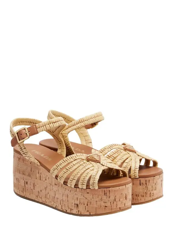 Prada Crochet Wedge Sandals - Beige