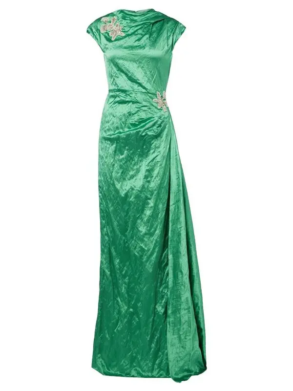 Erdem Draped Embellished Satin Gown - Green