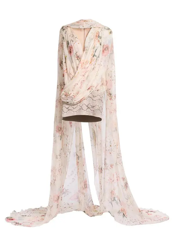 Elie Saab Printed Chiffon Cape Dress - Multi