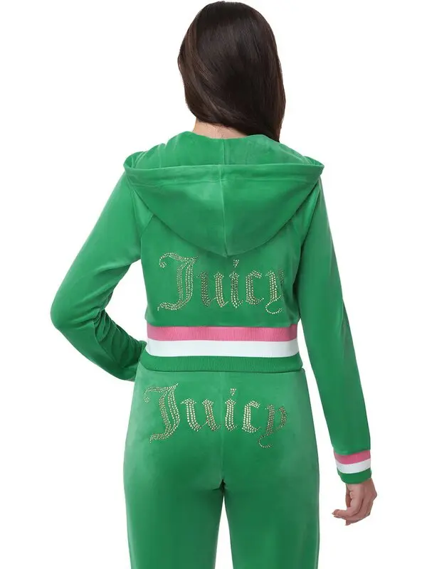 Juicy Couture Heritage Stripe Bling Velour Full Zip Hoodie - Kiwi