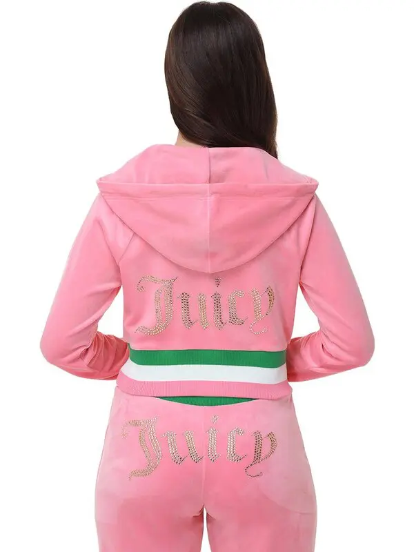 Juicy Couture Heritage Stripe Bling Velour Zip Hoodie - Hot Hot