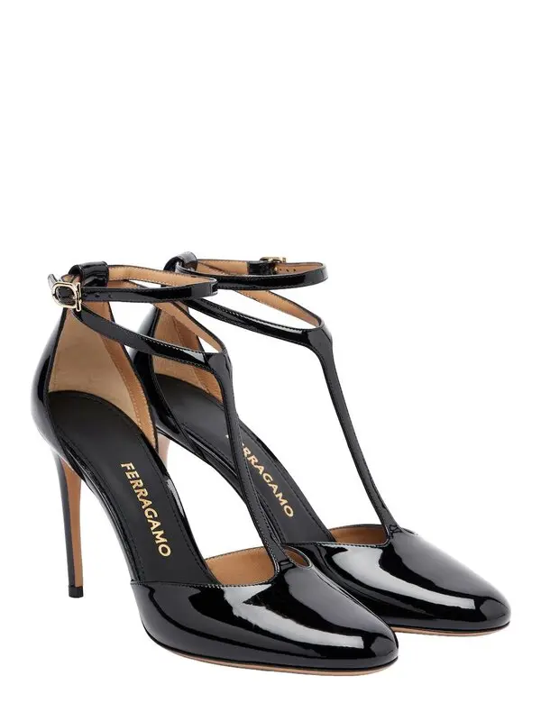 FERRAGAMO Patent Leather Pumps With Gold Buckle - Black