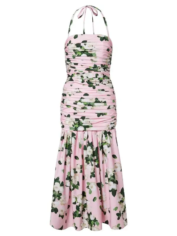 Carolina Herrera Floral Ruched Cotton-blend Midi Dress - Pink