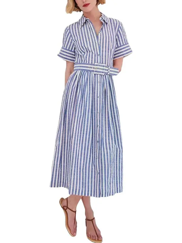 Cara Cara Malena Striped Seersucker Midi Dress - Blue