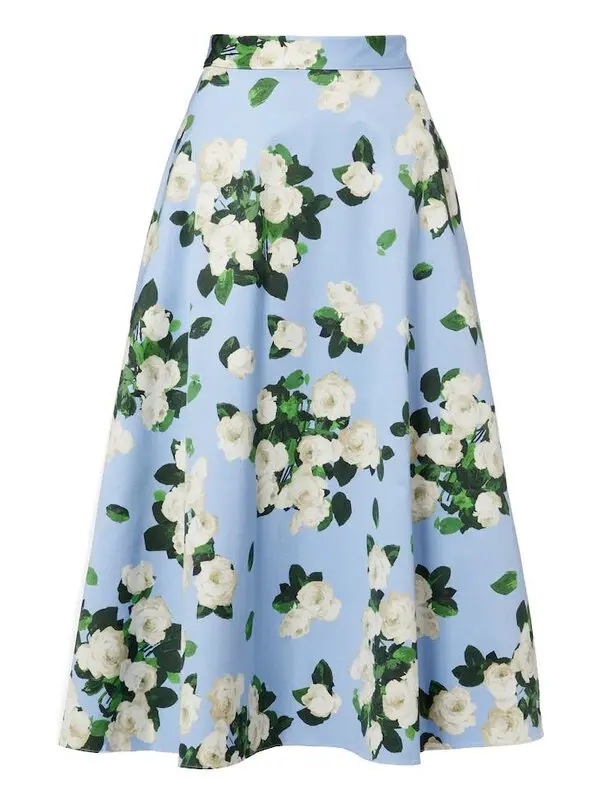 Carolina Herrera Floral Faille Midi Skirt - Blue