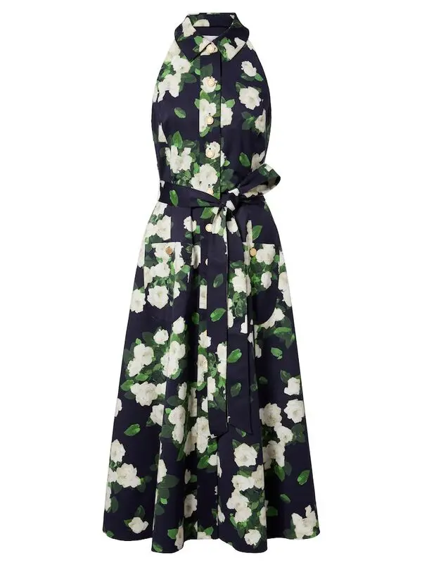 Carolina Herrera Floral Faille Midi Dress - Blue