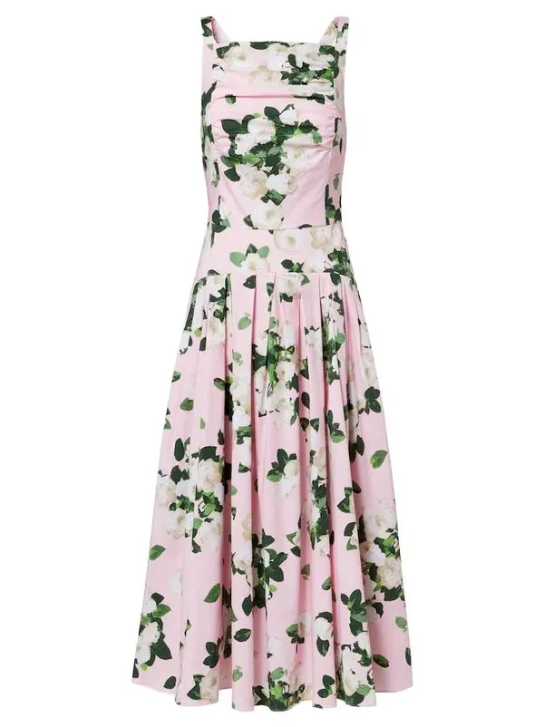 Carolina Herrera Floral Pleated Cotton-blend Midi Dress - Pink