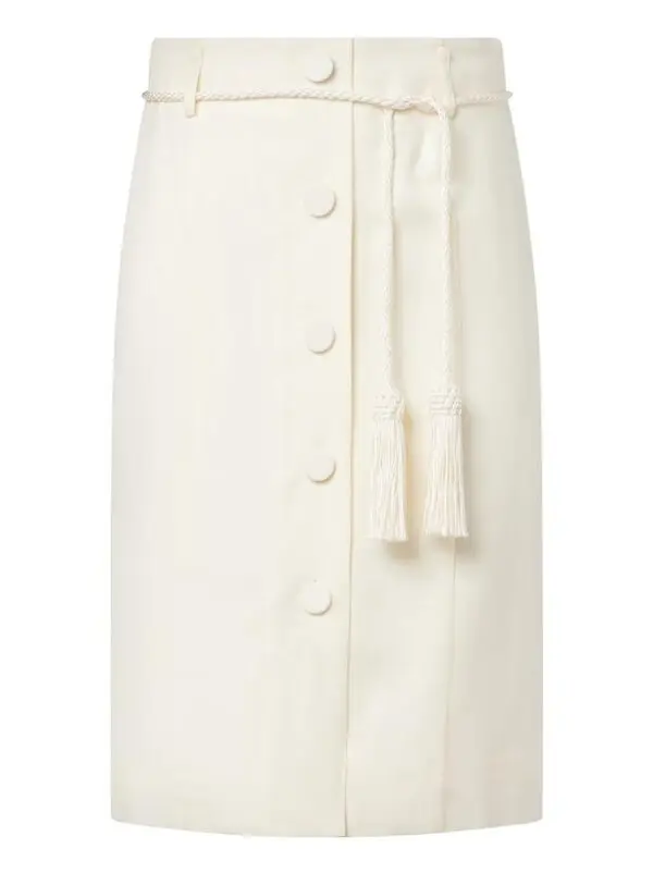 Posse Elspeth Belted Wool Midi Skirt In Cream - White