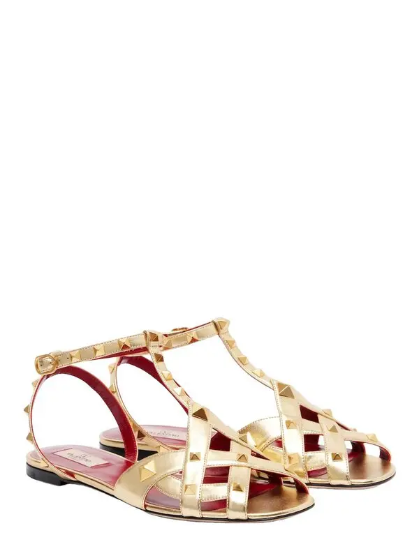 Valentino Garavani Studded Metallic Leather Sandals - Gold