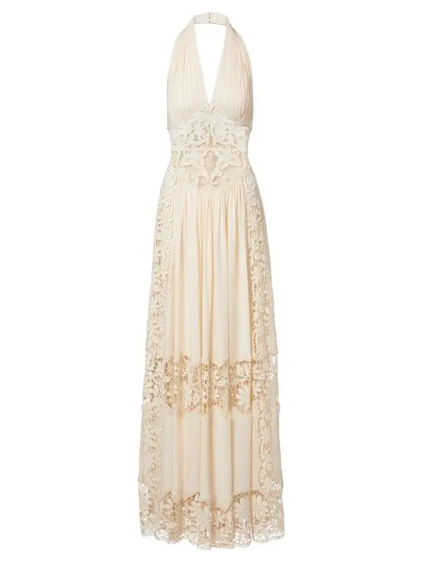 Elie Saab Georgette And Macramé Gown - White