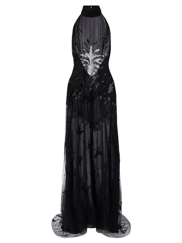 Blumarine Embellished Georgette And Lace Maxi Dress - Black
