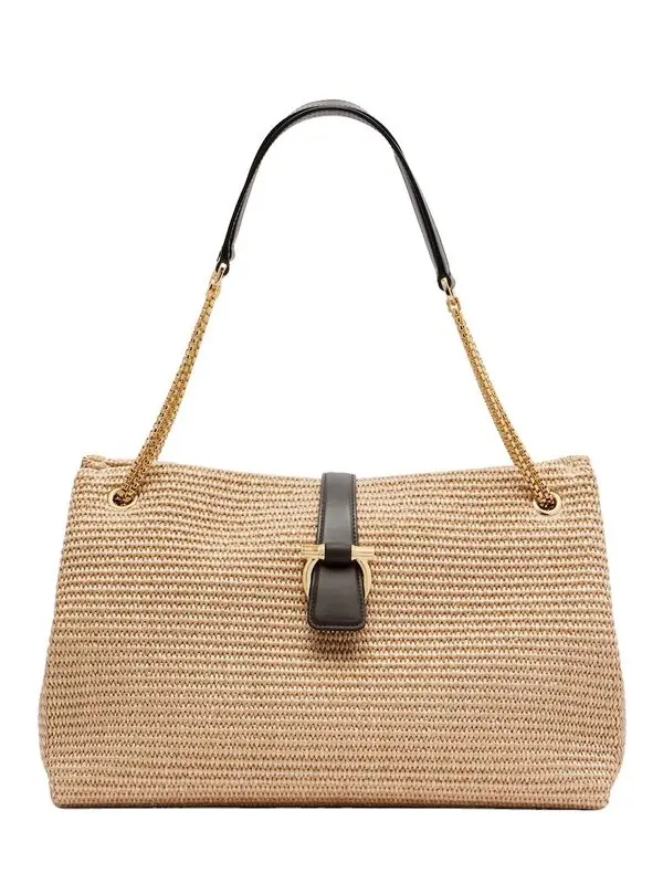 FERRAGAMO Medium Raffia Shoulder Bag - Beige