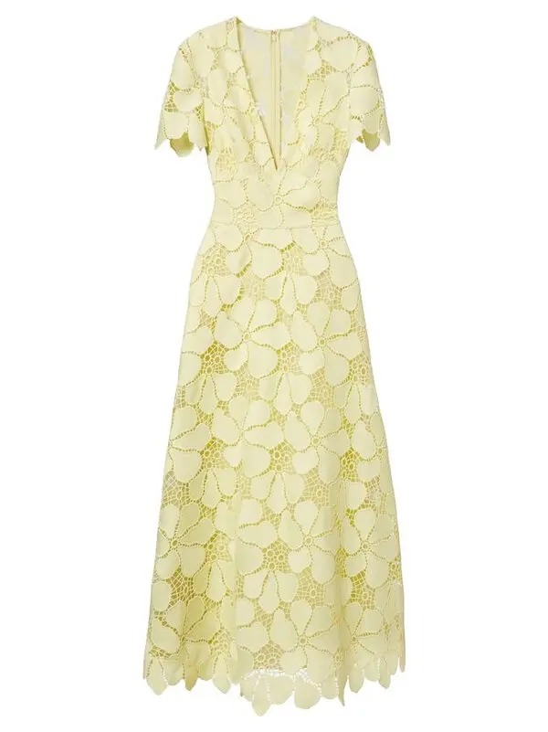 Elie Saab Floral Silk-blend Guipure Midi Dress - Yellow