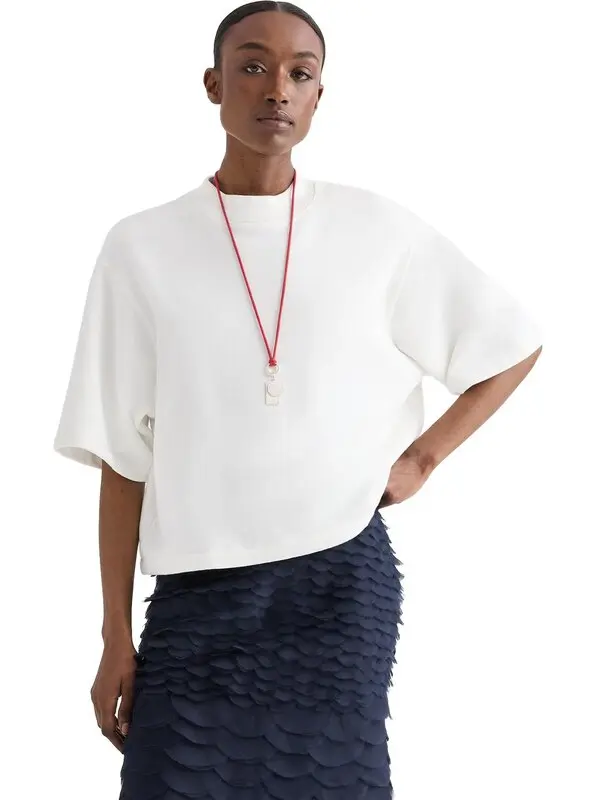 TWP Cropped Mock Neck Lightweight Sweatshirt Tee - White