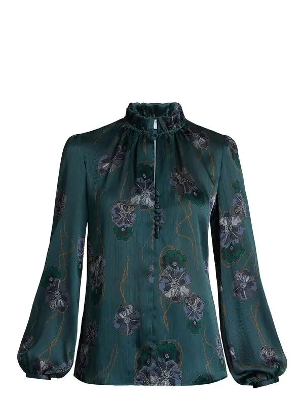 Santorelli Astrid Long Sleeve Ruffle-neck Printed Top - Blue