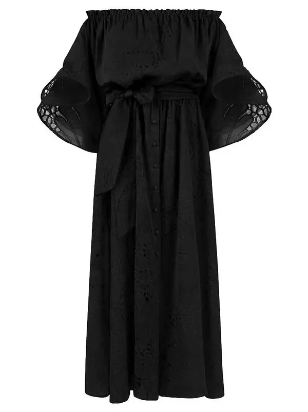 LILAMIE Off-shoulder Wavy Sleeve Ankle Length Dress - Black