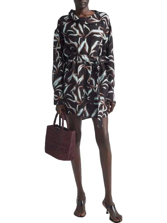 Proenza Schouler Floral Long Sleeve Linen & Silk Matelassé Shirtdress - Black Multi