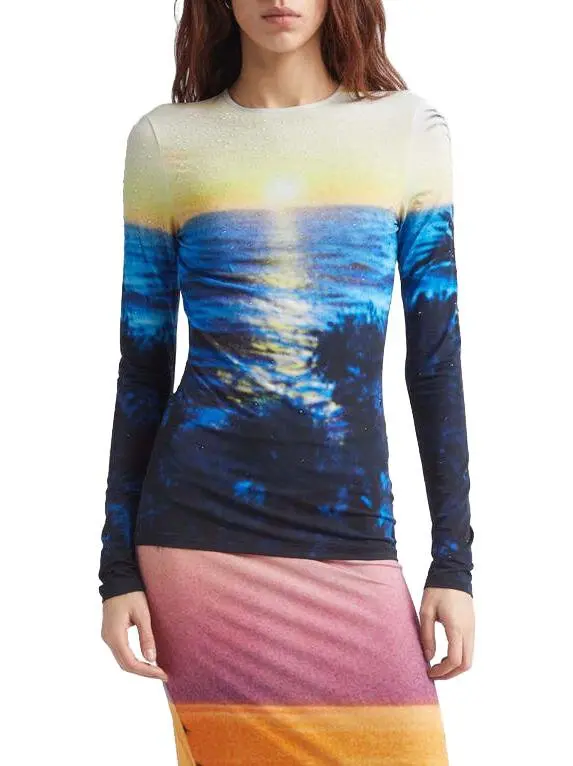 Rabanne Embellished Tropical Print Jersey Top - Big Tornado Blue/yellow