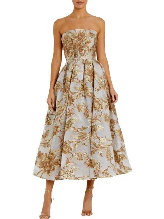 Mac Duggal Strapless Floral Brocade Midi Dress With Pockets - Bronze
