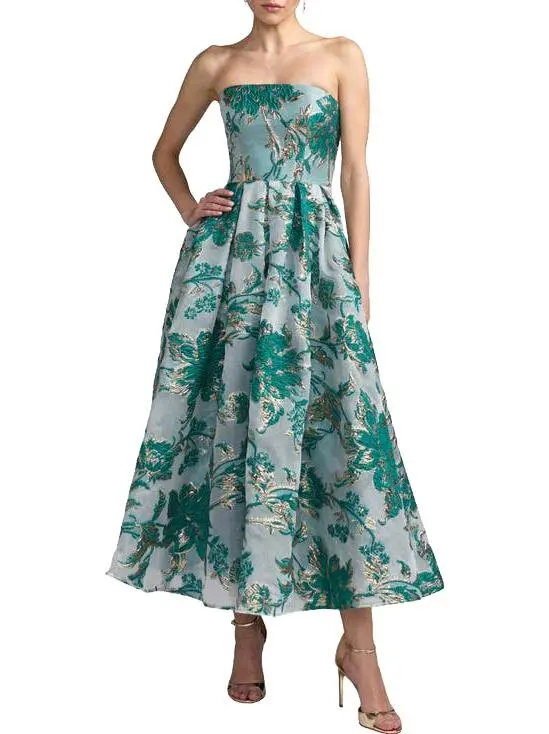 Mac Duggal Strapless Floral Brocade Midi Dress With Pockets - Teal