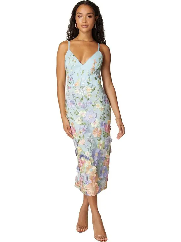 Bebe Floral Embroidered Sheath Midi Dress - Blue Multi