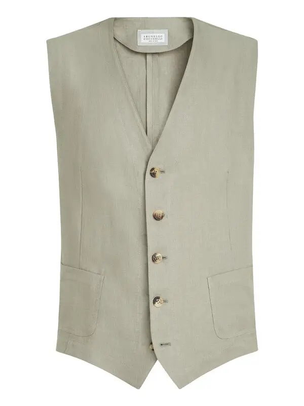 Brunello Cucinelli Linen Herringbone Waistcoat - Sage