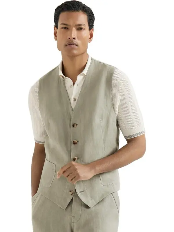 Brunello Cucinelli Linen Herringbone Waistcoat - Sage
