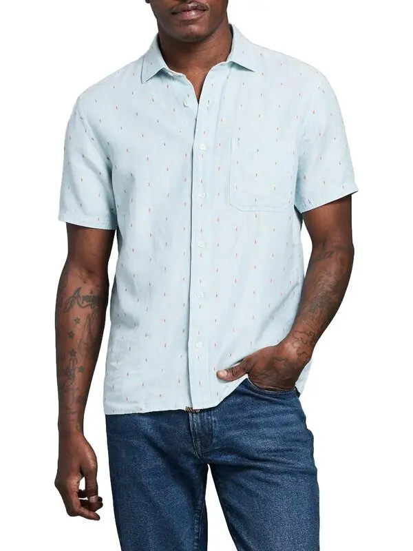 Billy Reid Treme Short Sleeve Linen & Cotton Herringbone Button Up Shirt - Sky Blue
