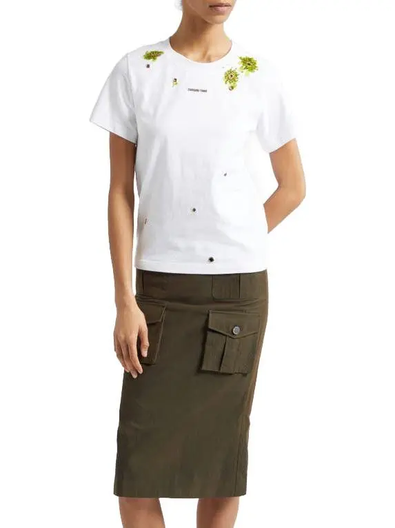 SHUSHU/TONG Beaded Floral Grommet Logo T-shirt - White/green