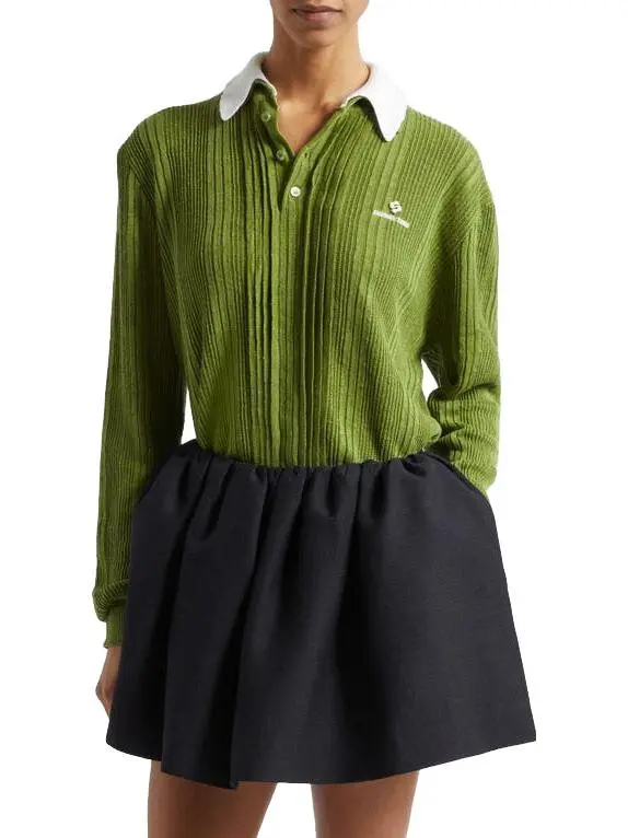SHUSHU/TONG Contrast Collar Linen Sweater - Green