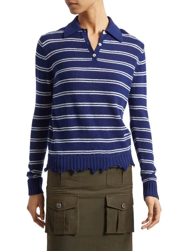 SHUSHU/TONG Deconstructed Stripe Wool Polo Sweater - Blue Stripe