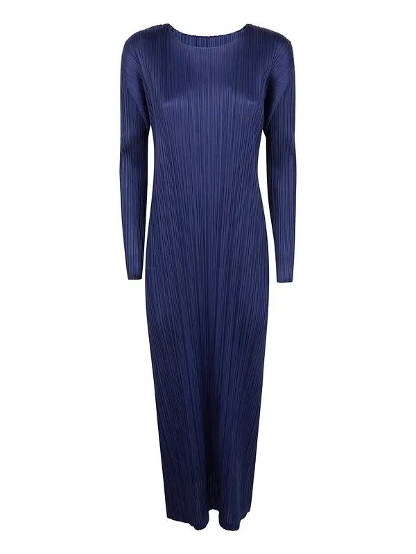 PLEATS PLEASE Long Sleeve V-neck Midi Dress - Blue