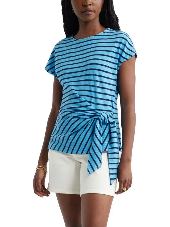 Caslon Drop Shoulder Tie Front Top - Blue Maya Navy Stripe