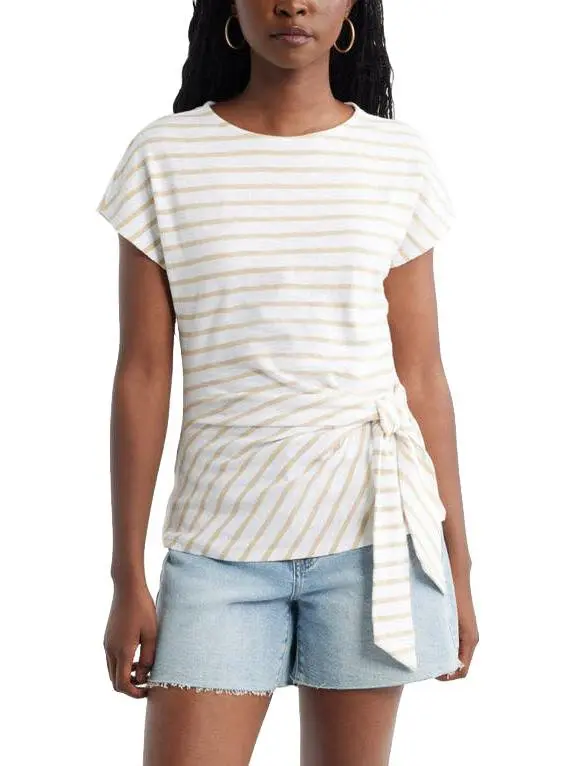 Caslon Drop Shoulder Tie Front Top - White Tan Cassandra Stripe