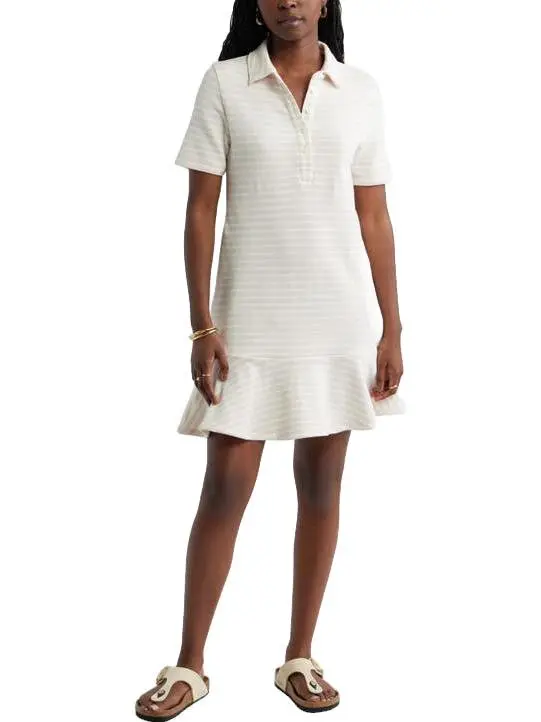 Caslon Henley Short Sleeve Polo Dress With Ruffled Hem - Beige Shell- Ivory Stripe