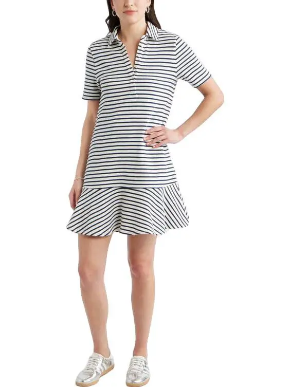 Caslon Henley Short Sleeve Polo Dress With Ruffled Hem - Ivory- Navy Stripe