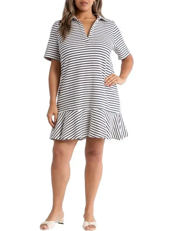 Caslon Striped Henley Short Sleeve Polo Dress With Ruffled Hem - Ivory- Navy Stripe