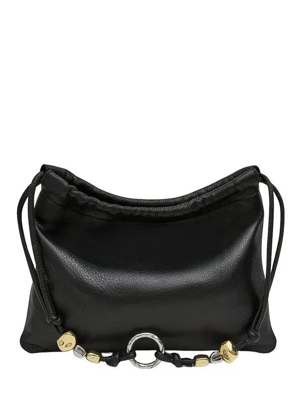 AIMEE Tie Breaker Woven Shoulder Bag With Stone Accents - Black