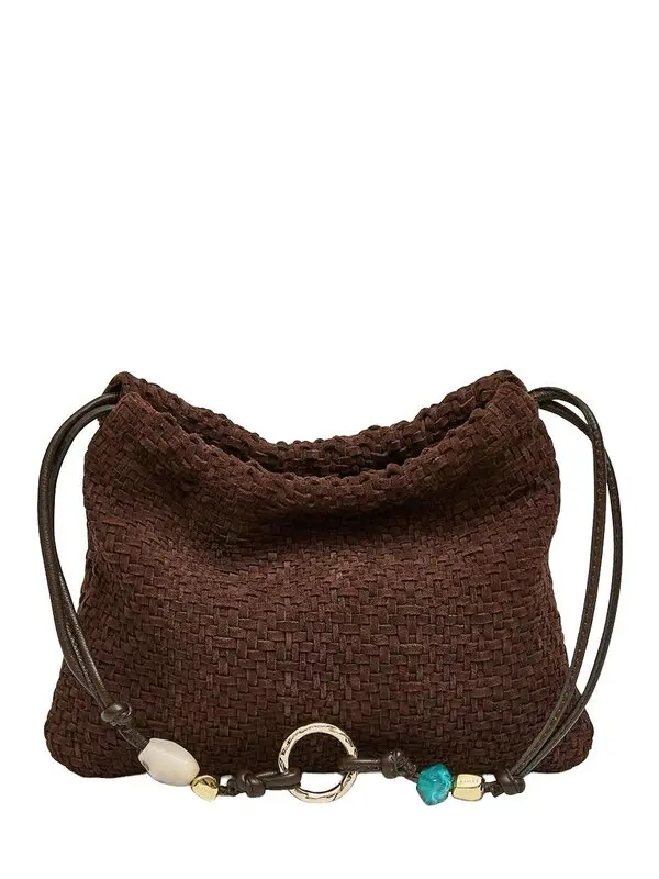 AIMEE Tie Breaker Woven Shoulder Bag With Stone Accents - Fudge Woven Suede