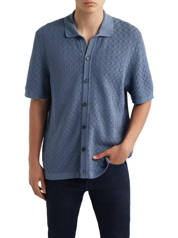 BOSS Nappo Pointelle Short Sleeve Button-up Shirt - Open Blue