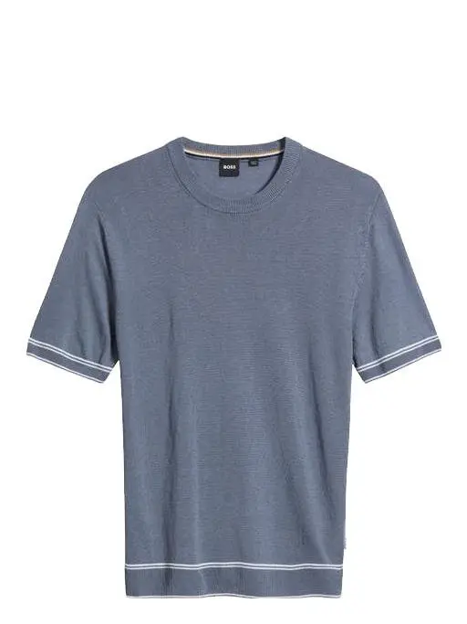 BOSS Norberto Linen Blend Short Sleeve Sweater - Open Blue