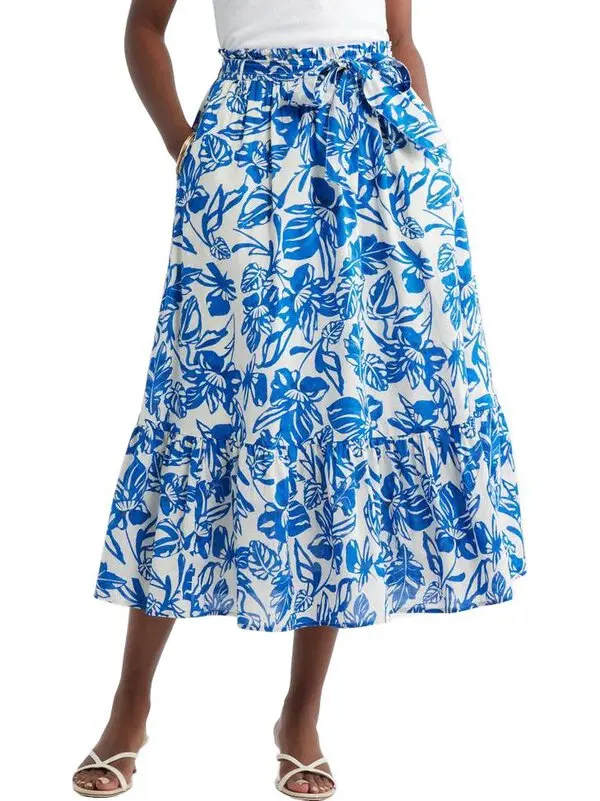 Caslon Floral Print Tie Waist Tiered Midi Skirt - Ivory- Blue Ellie Blossom